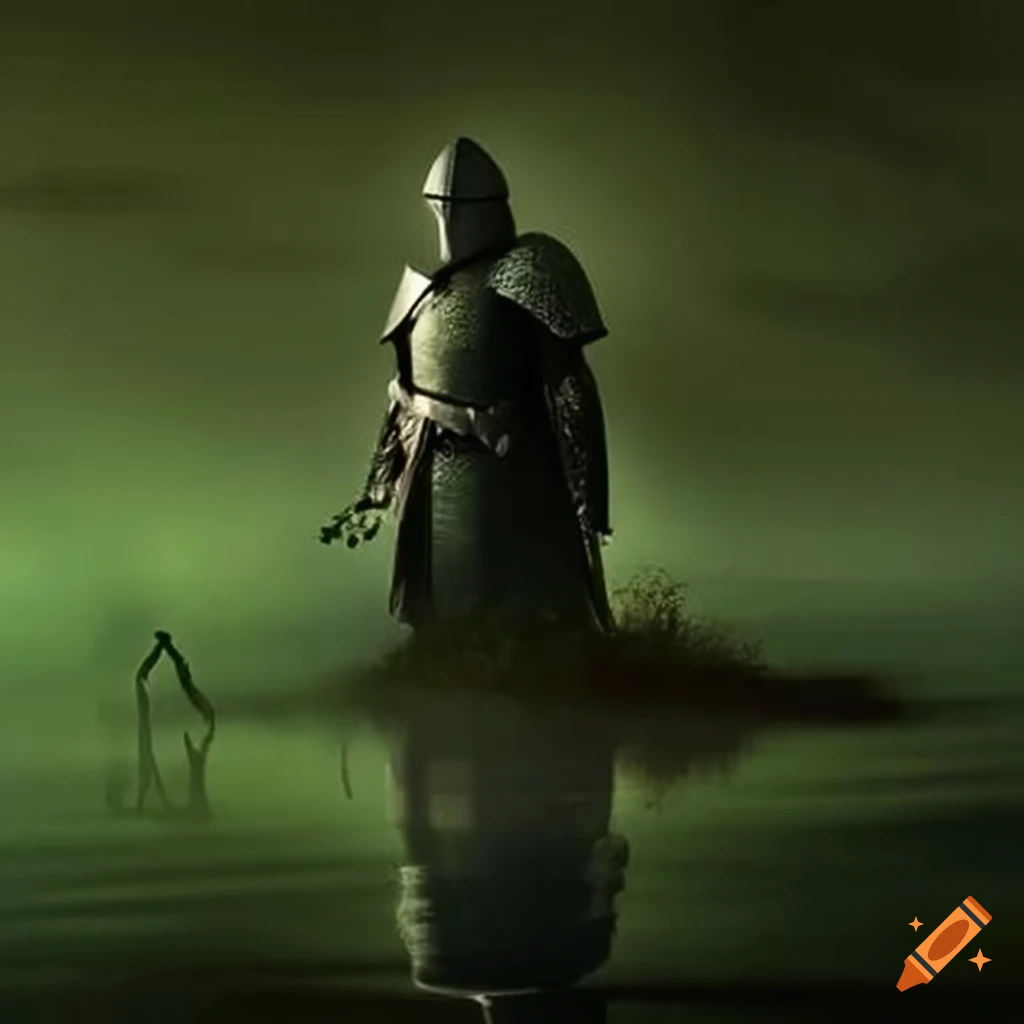 Knight rising from a grave in a shadowy green pond on Craiyon