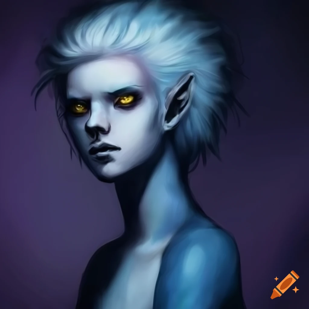 Androgynous entity with white hair and dark eyes in a fantasy setting ...