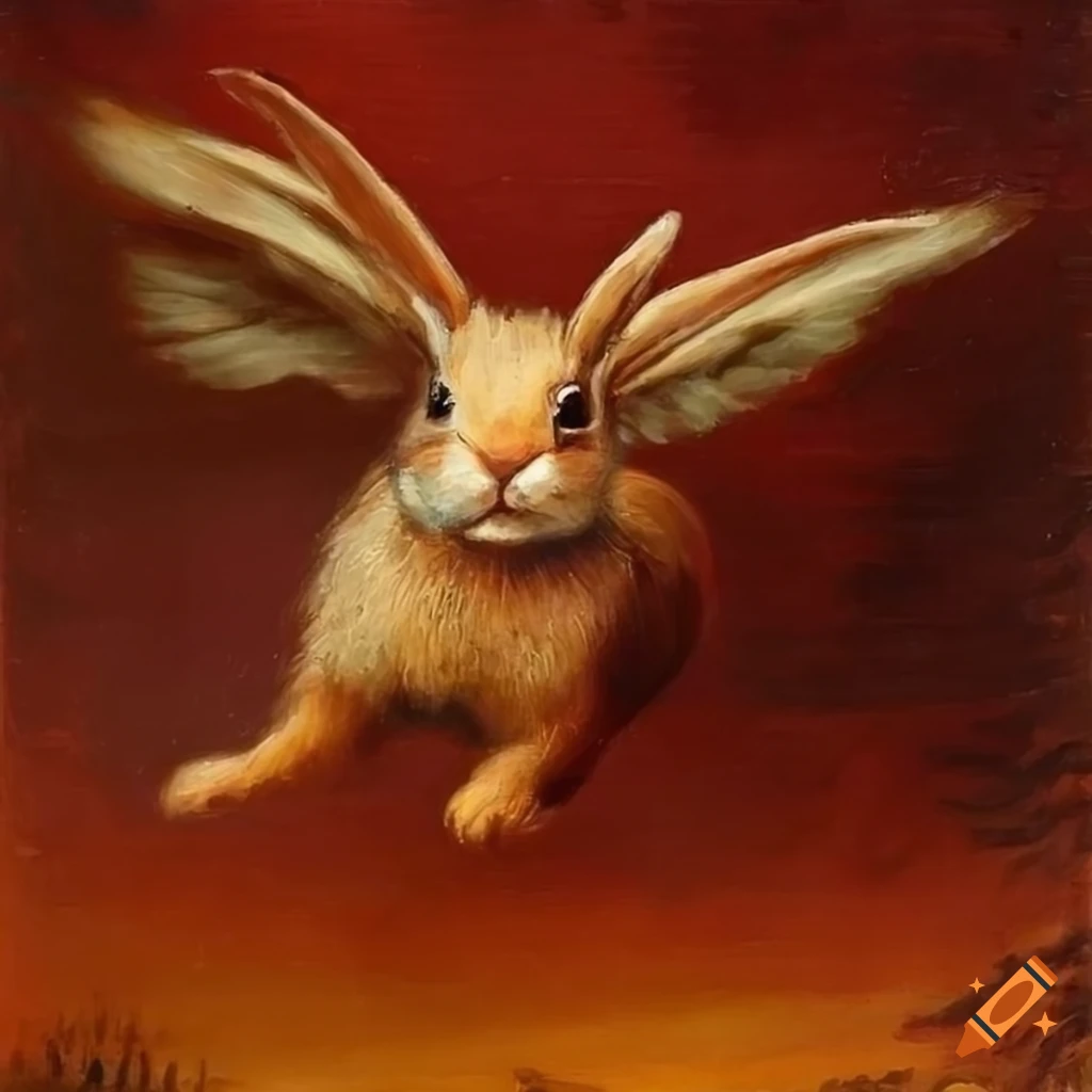 Joyful rabbit flying in a red sky in an English countryside in XIXth ...