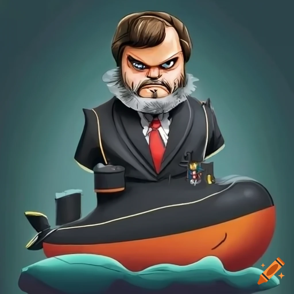 Cartoon jack black with a military submarine in the background on Craiyon
