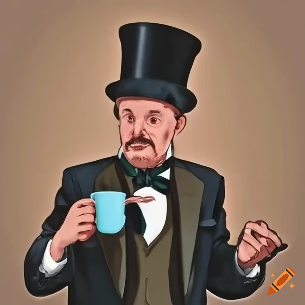 British man in a top hat and suit enjoying a cup of tea on Craiyon