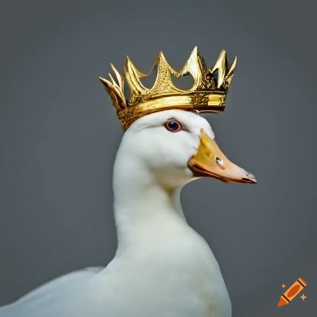 Regal white duck wearing a golden crown and flowing mantle on Craiyon