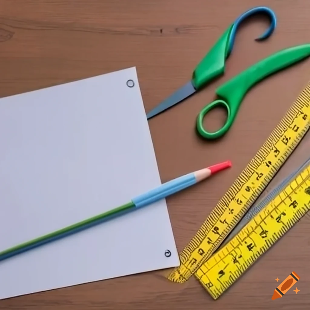 Construction paper, scissors, and school ruler on a desk on Craiyon