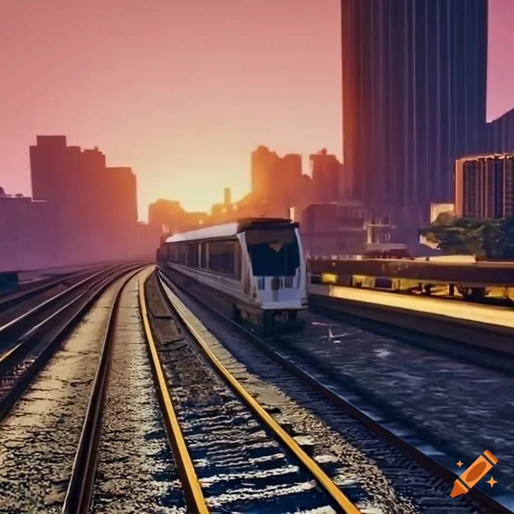 Gta 5 loading screen landscape with miami and a train on Craiyon
