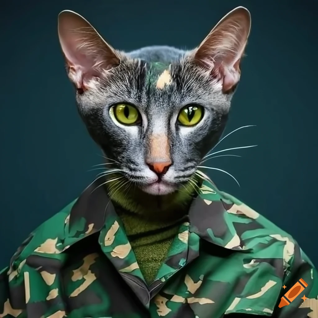Stylish oriental shorthair cat in army suit on Craiyon