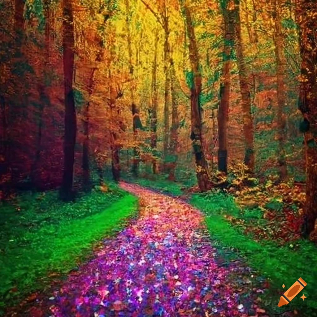 Gravel path through a colorful and sparkly forest on Craiyon