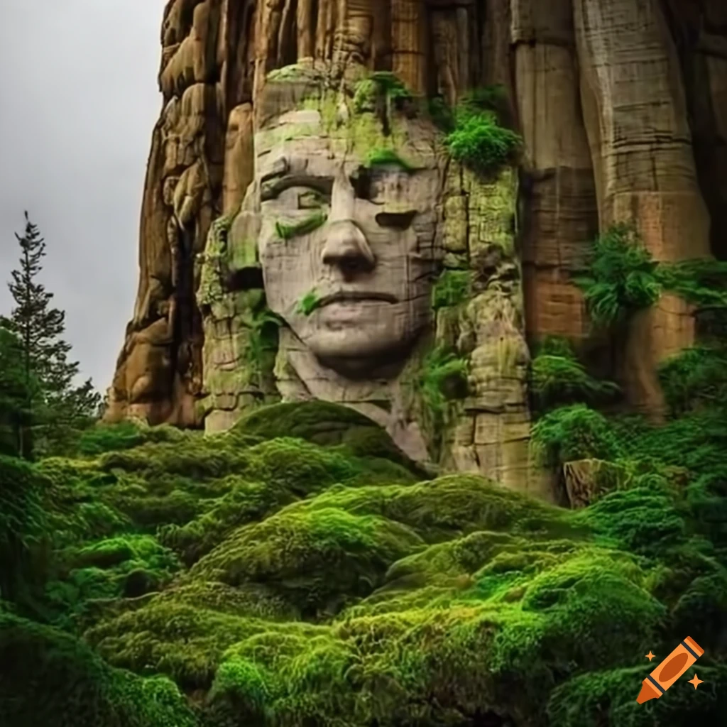 Post-apocalyptic mount rushmore covered in overgrown moss and ...