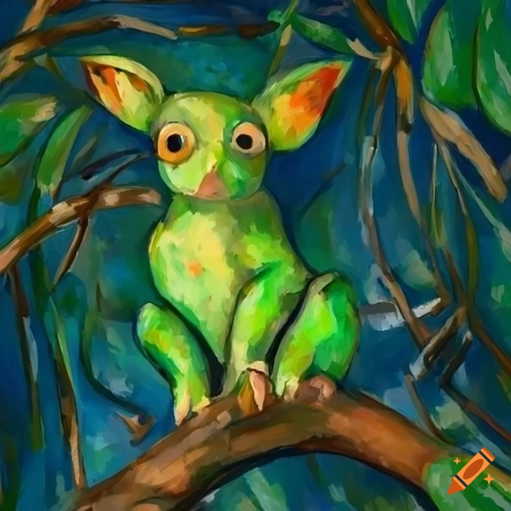 Cezanne-style painting of a small green creature on a branch on Craiyon