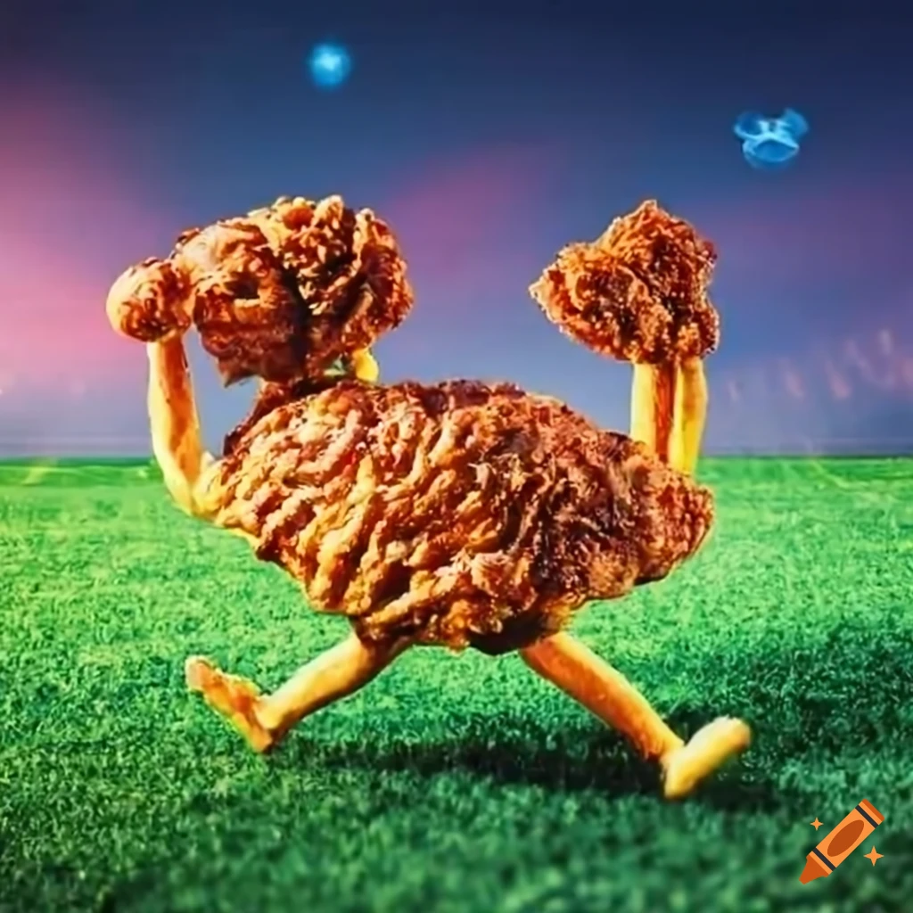 Soccer players running on a field of fried chicken on Craiyon