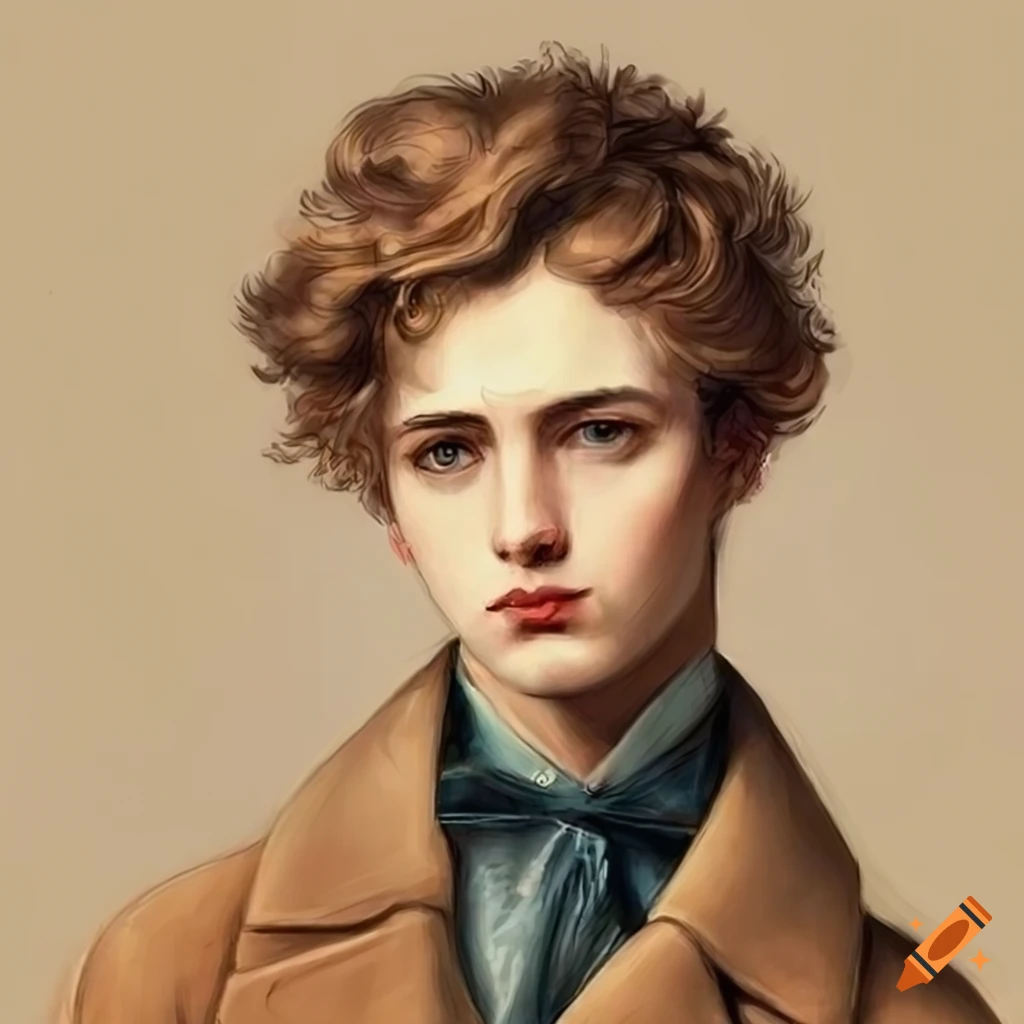 Charming young man in vintage fashion coat in 1800s style pencil art on ...