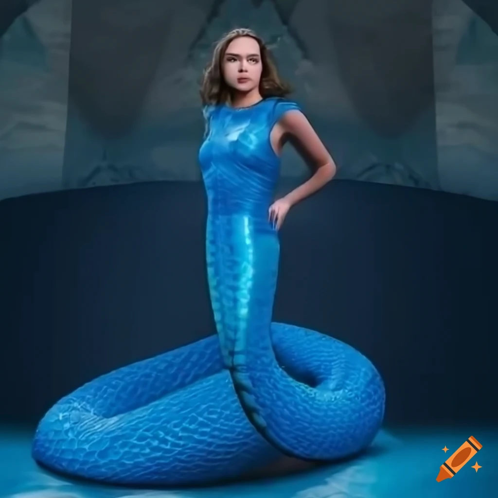 Emilia Clarke depicted as a blue Naga in a wide-angle photorealistic ...