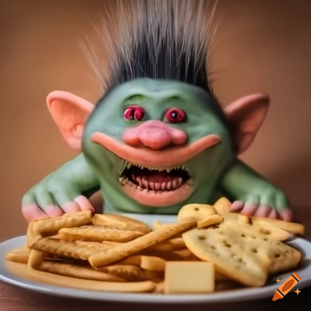 Troll enjoying a plate of cheese and crackers on Craiyon