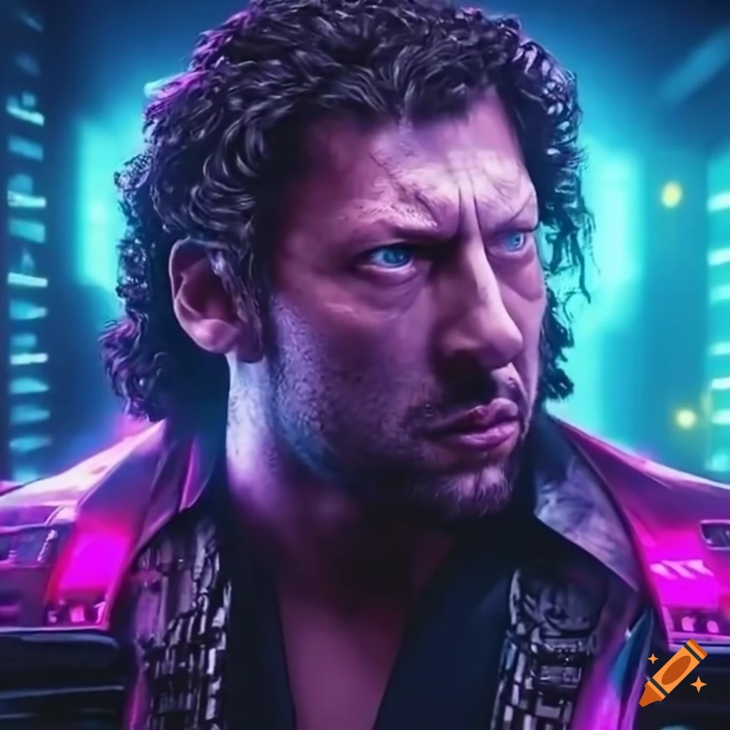 Kenny omega driving a car in a sci-fi cyberpunk scene on Craiyon