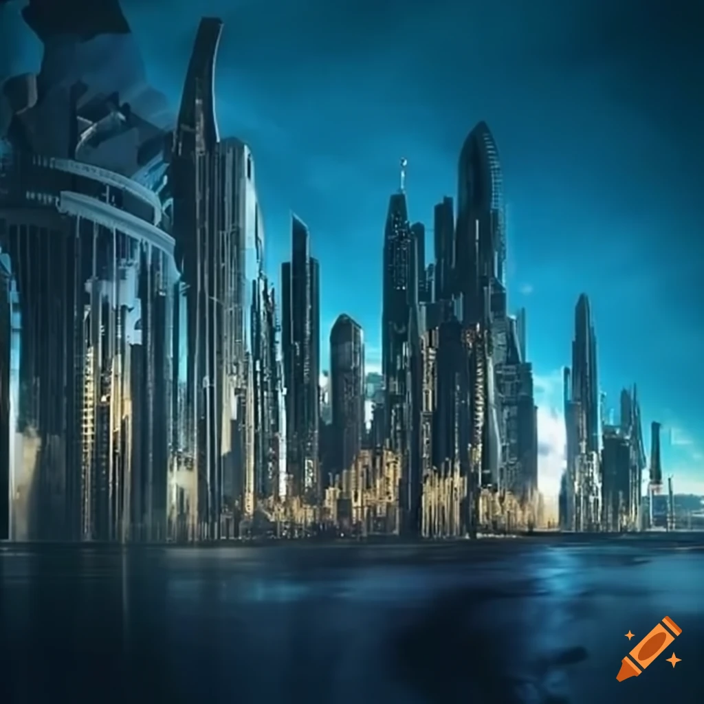Futuristic city with sustainable energy surrounded by natural elements ...