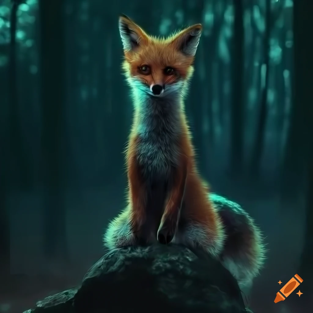 Little fox standing on a rock in a dark forest with tension and danger ...