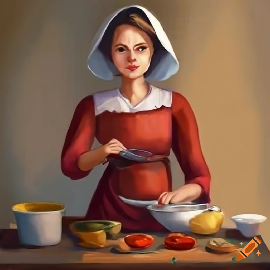 Happy woman cooking in a wide farm kitchen in a cartoonish style on Craiyon