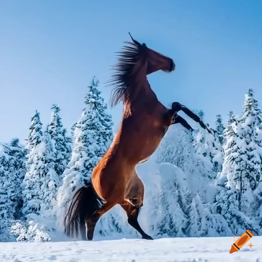 Cute horse hopping over snow in a snowy landscape on Craiyon