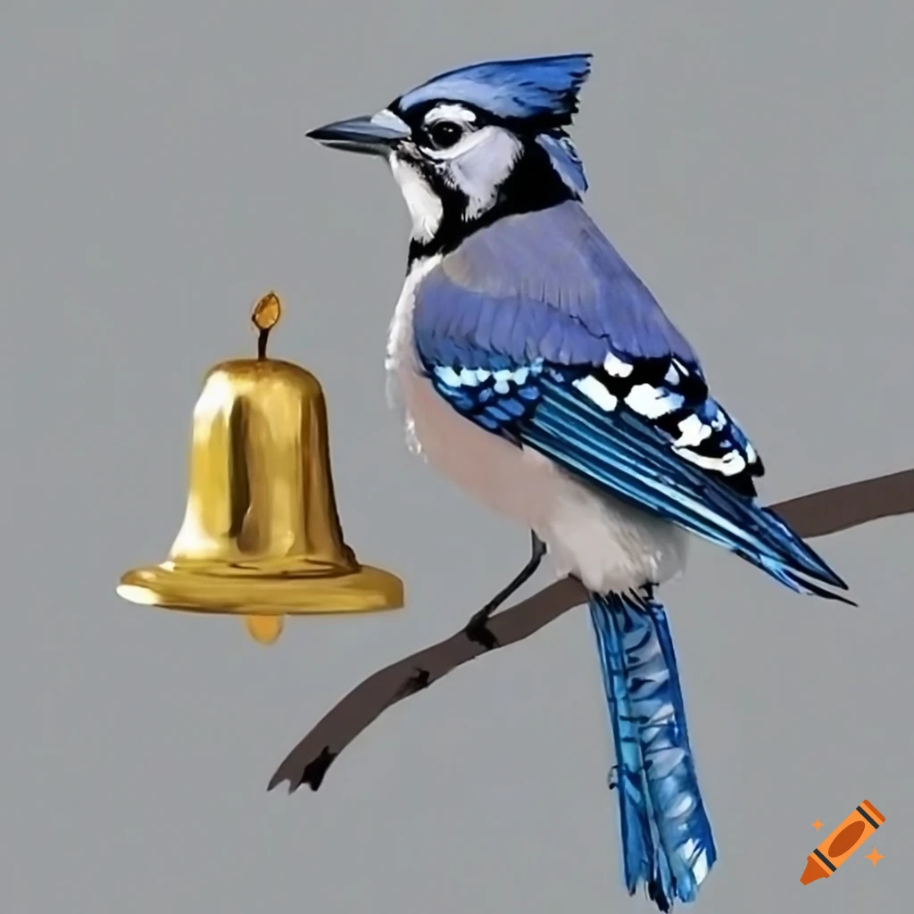 Blue jay perched on a golden bell on Craiyon