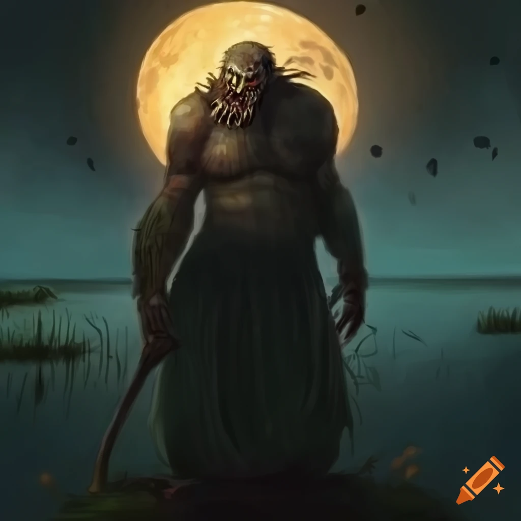 Grendel of Beowulf in a moonlit marsh with grotesque features ...