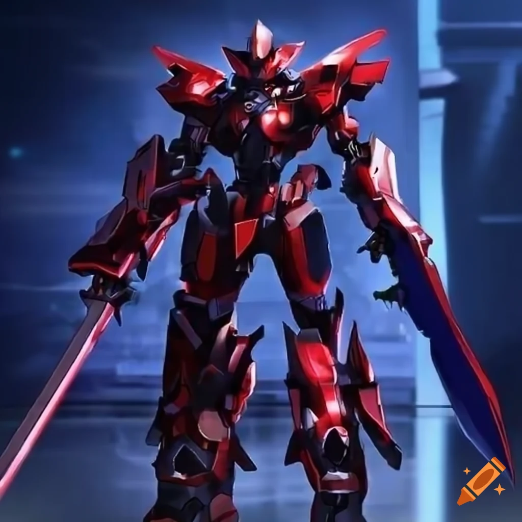 Armored anime mecha with spear in a fast pose on Craiyon