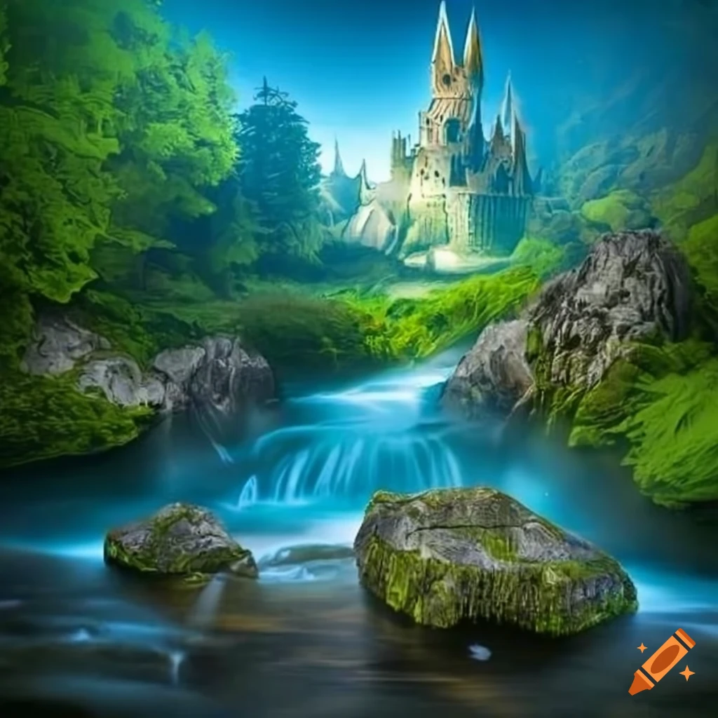 Fantastical illustration of a crystal castle surrounded by lush nature ...