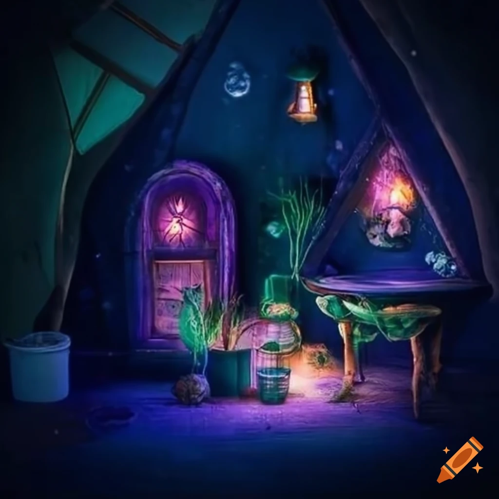 Interior of a magical witch cabin in space with plants, colorful glass ...