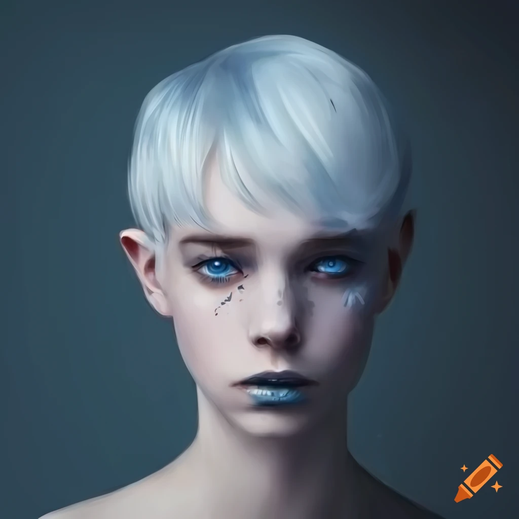 Portrait of gender neutral fantasy character with short white hair and ...