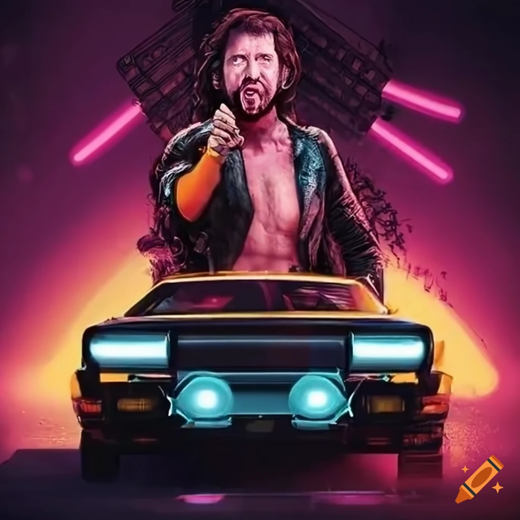 Kenny omega driving a car in a sci-fi cyberpunk movie poster on Craiyon