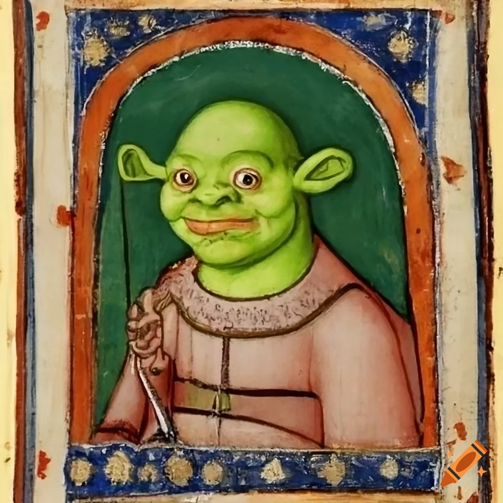 Medieval manuscript style portrait of ogre shrek depicted as a saint on ...