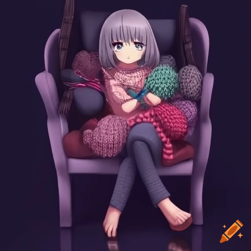 Happy anime character knitting on a cozy chair on Craiyon