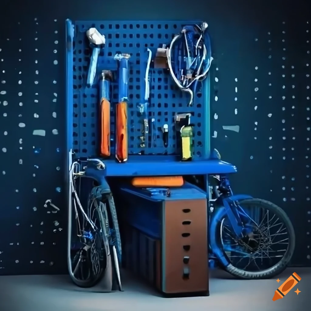 Garage bike repair bench with blue pegboard on Craiyon