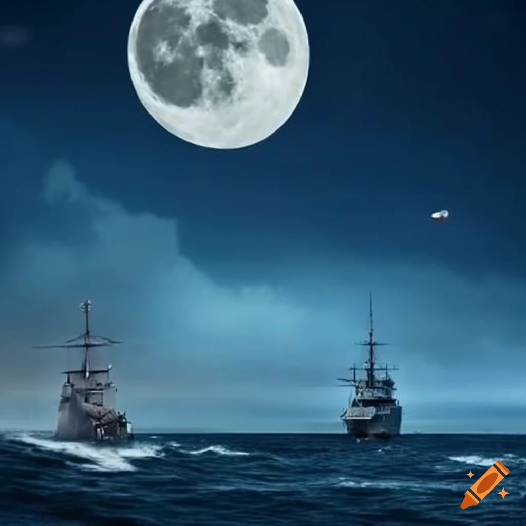 Navy ship at sea with a big moon in the background on Craiyon