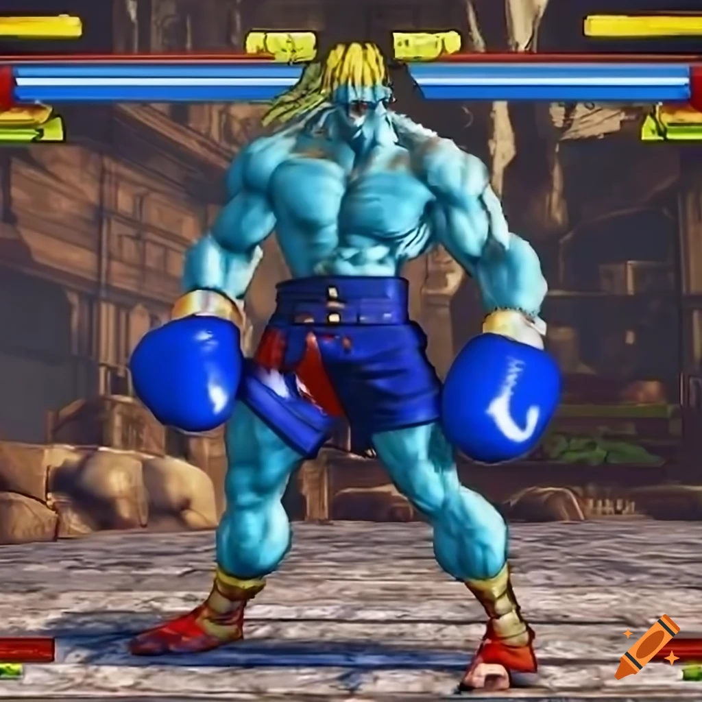 Blue monster boxer with blond hair in a street fighter game on Craiyon