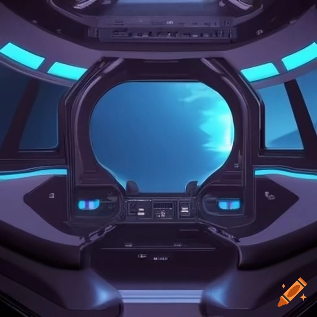 Angled front window and pilot console of a non-futuristic starship ...