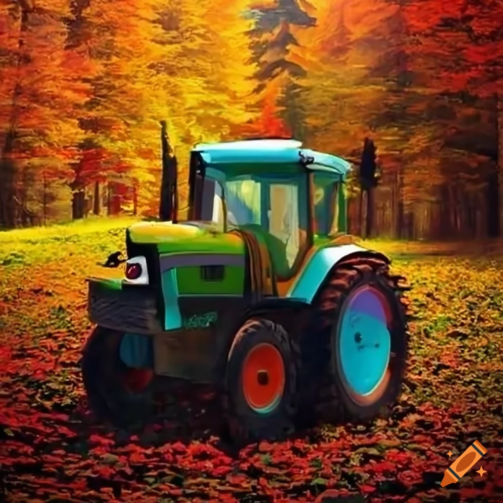 Colorful forest and mountains with a tractor on Craiyon