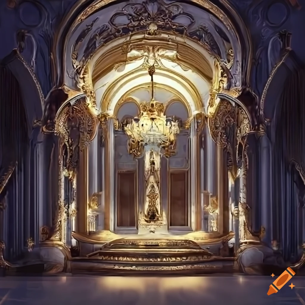 Art nouveau luxurious fantasy palace interior with metallic and gold accents on Craiyon