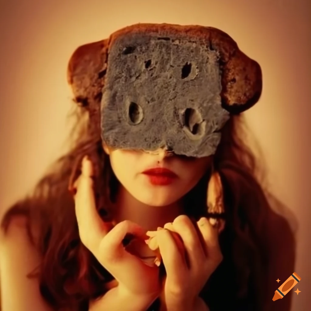 Vintage polaroid photo of a woman with a bread mask on Craiyon