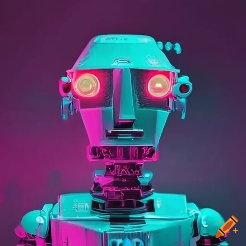 Illuminated robot with sovietwave and vaporwave style in a high-tech ...