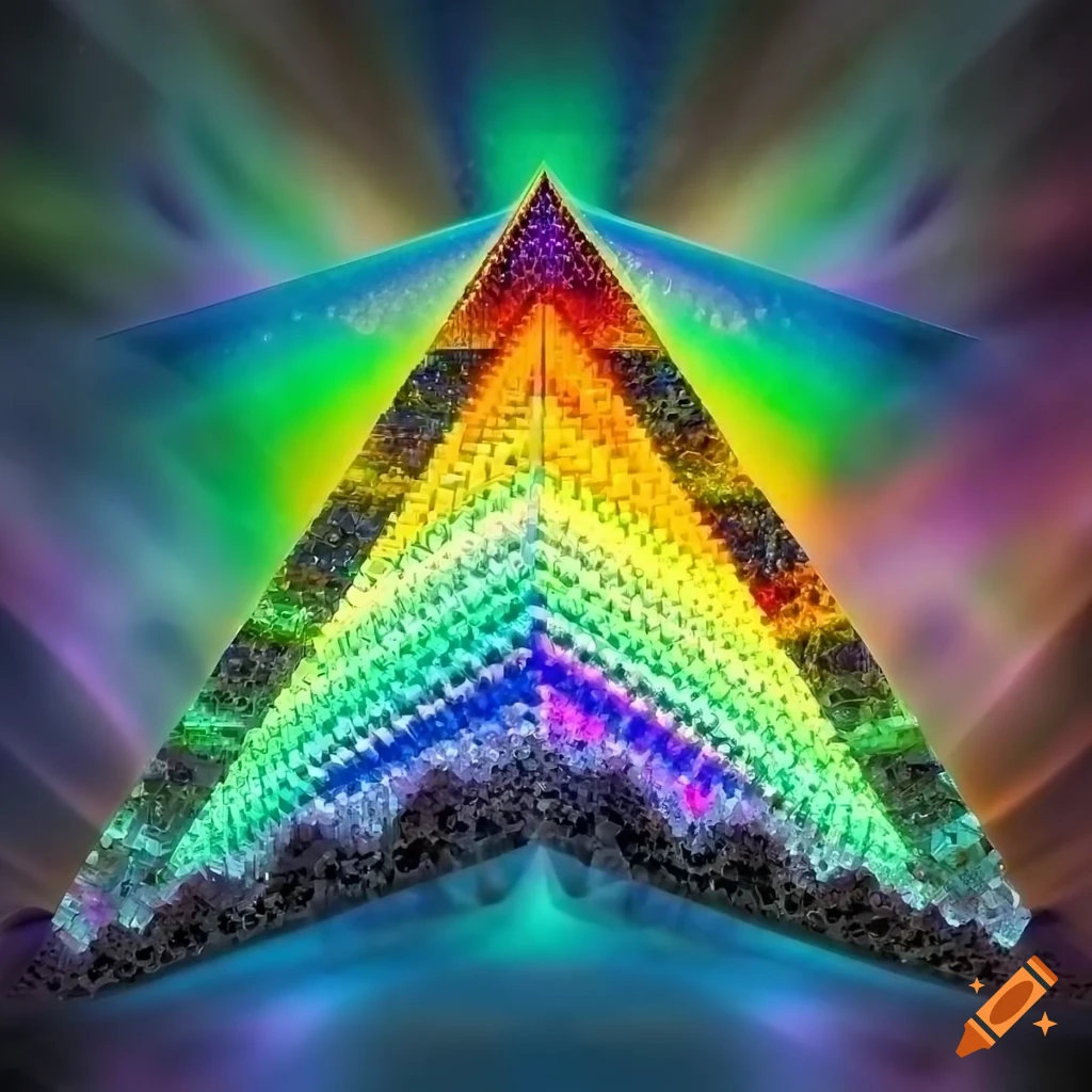 Fractal pyramid made of rainbow laser crystal bricks with an outer space gemstone backdrop on ...