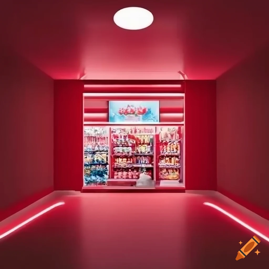 Family convenience store interior with red decor and white fluorescent ...