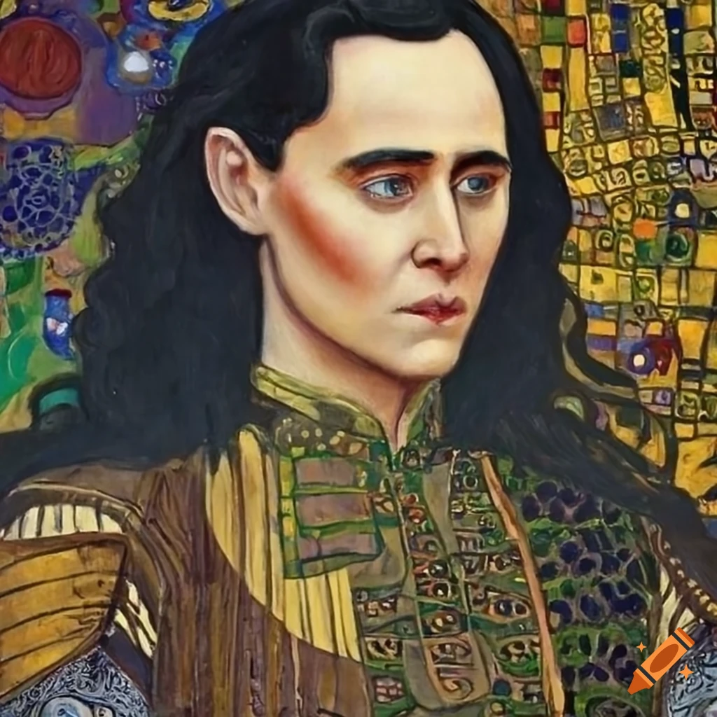 Tom hiddleton as loki with long black hair in gustav klimt style on Craiyon