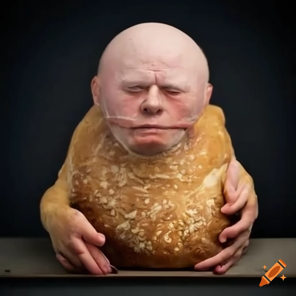 Humorous depiction of a bald male teacher with a body made of bread on Craiyon