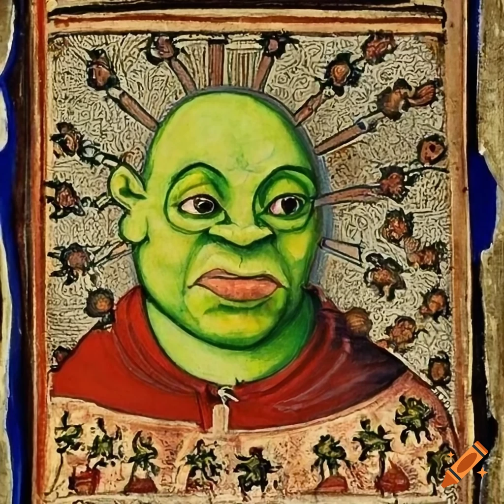 Artistic portrayal of ogre shrek in the style of a medieval manuscript ...