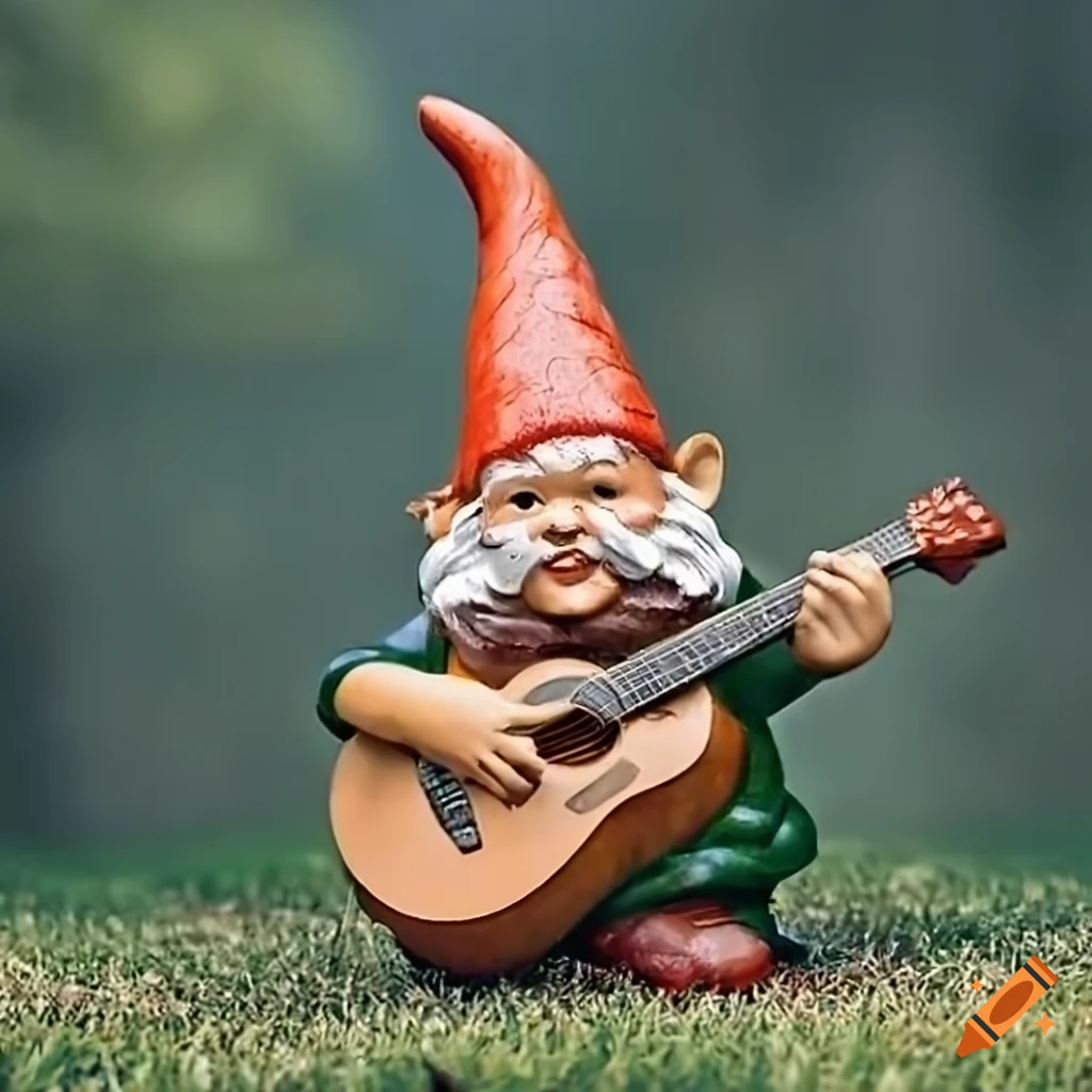 Garden gnomes playing acoustic guitars on Craiyon