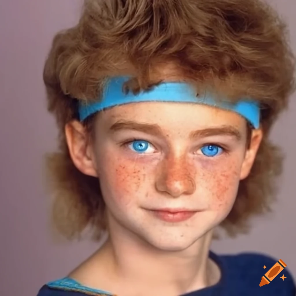 Boys with 80s style brown bushy hair, blue headband, blue eyes, and ...