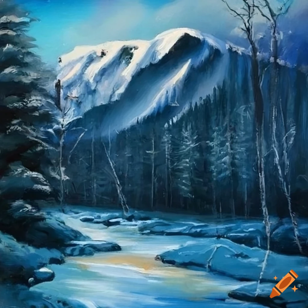 Bob ross oil painting of a river cabin and snow-covered trees on Craiyon
