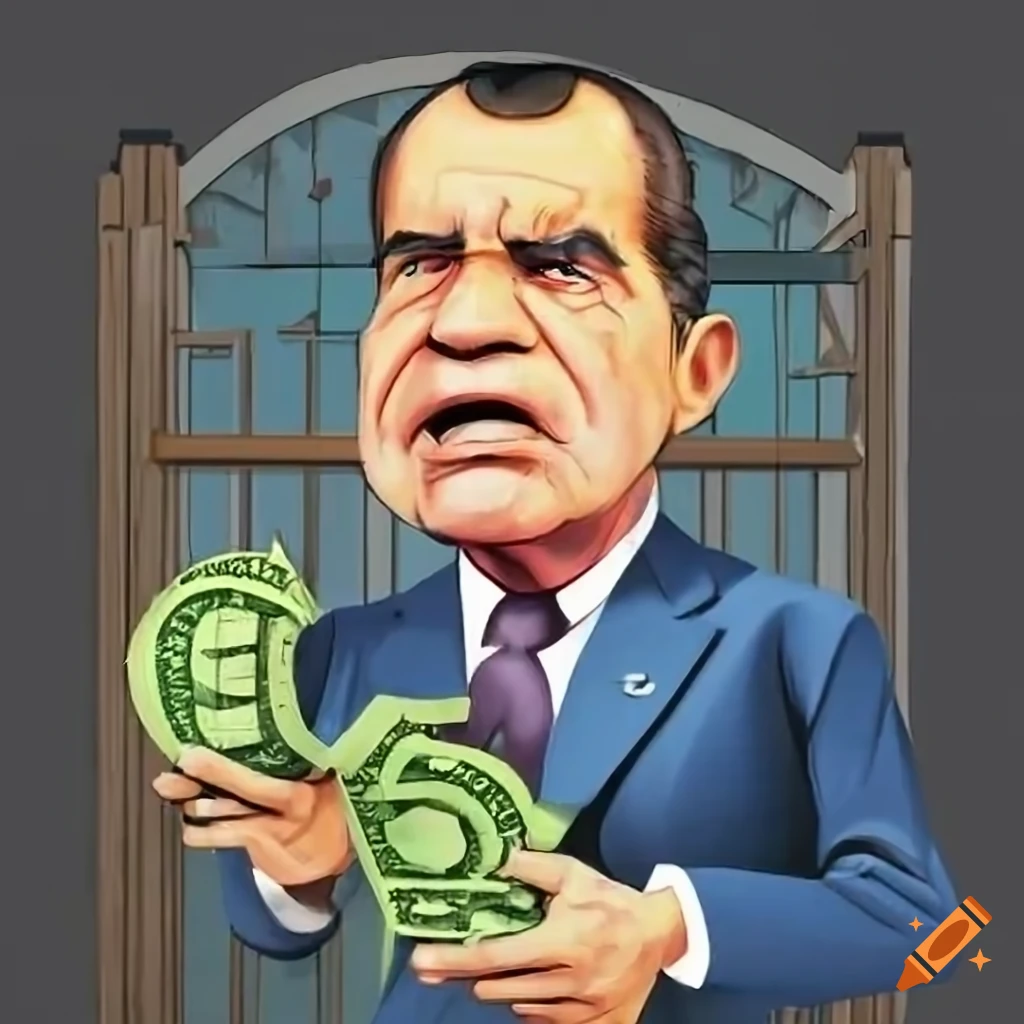 Cartoon of Richard Nixon with money in front of a barred gate on Craiyon