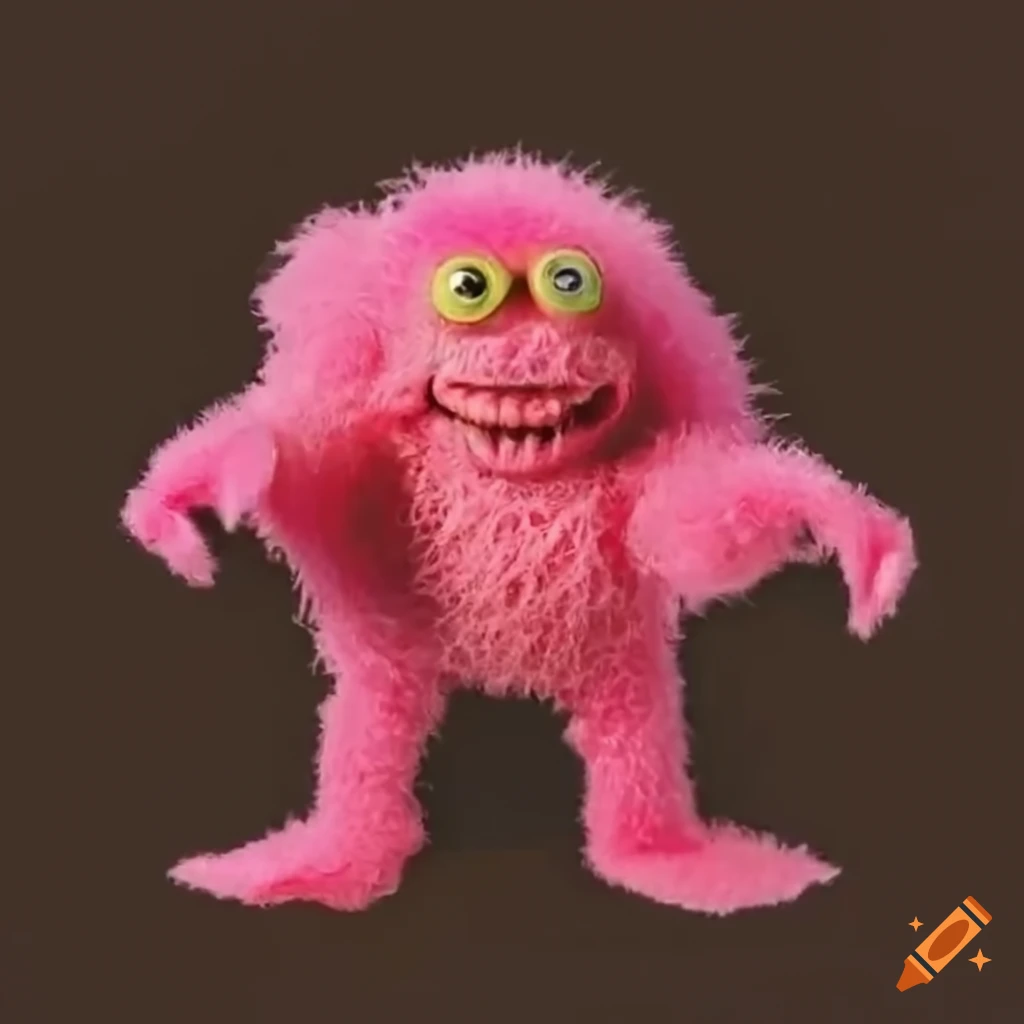 Pink creature in a colorful 80s sitcom-inspired scene with fuzzy vhs ...