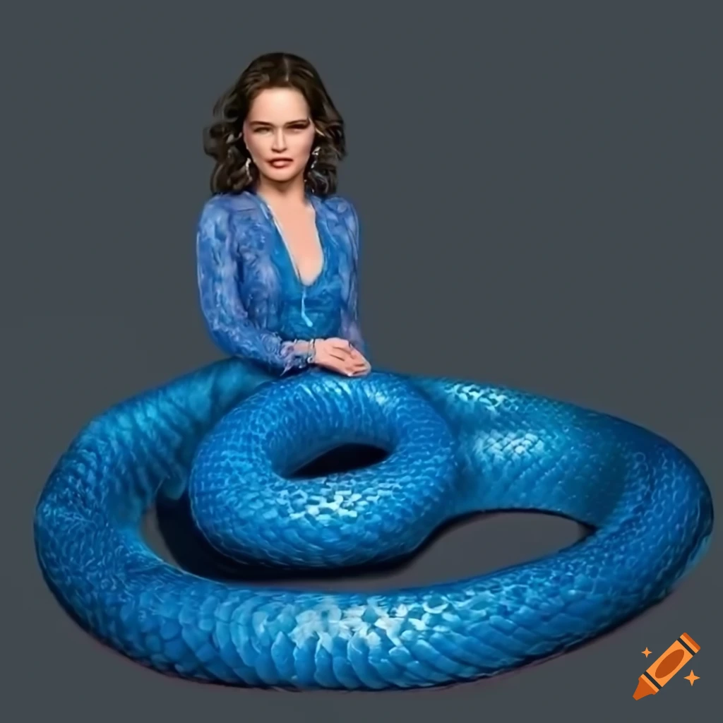 Emilia Clarke depicted as a blue Naga in a wide-angle photorealistic ...