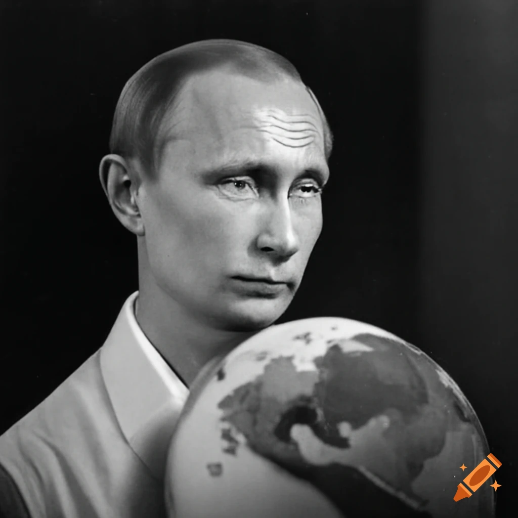 Vladimir putin looking at a globe in high density black and white on ...